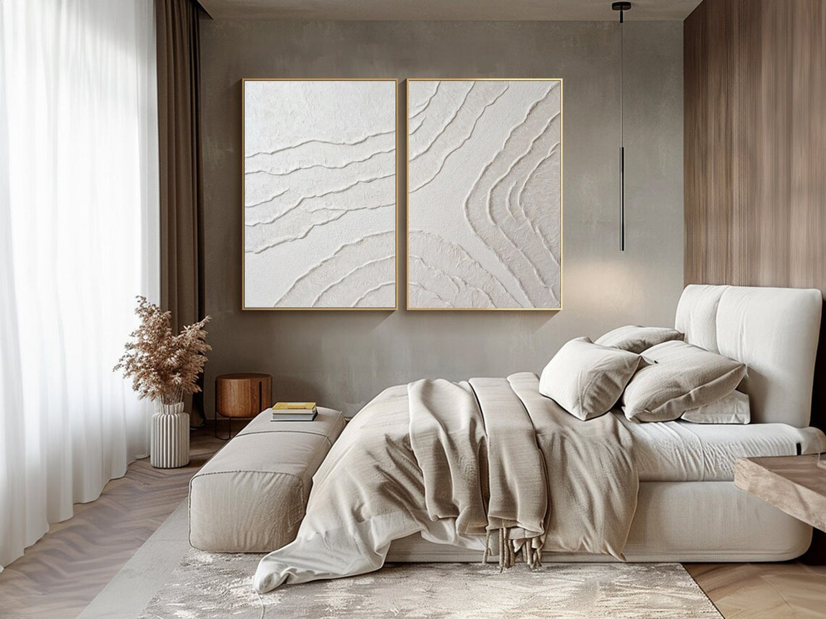Elegant Dual-Panel Textured White Abstract Art: Modern Simplicity for ...