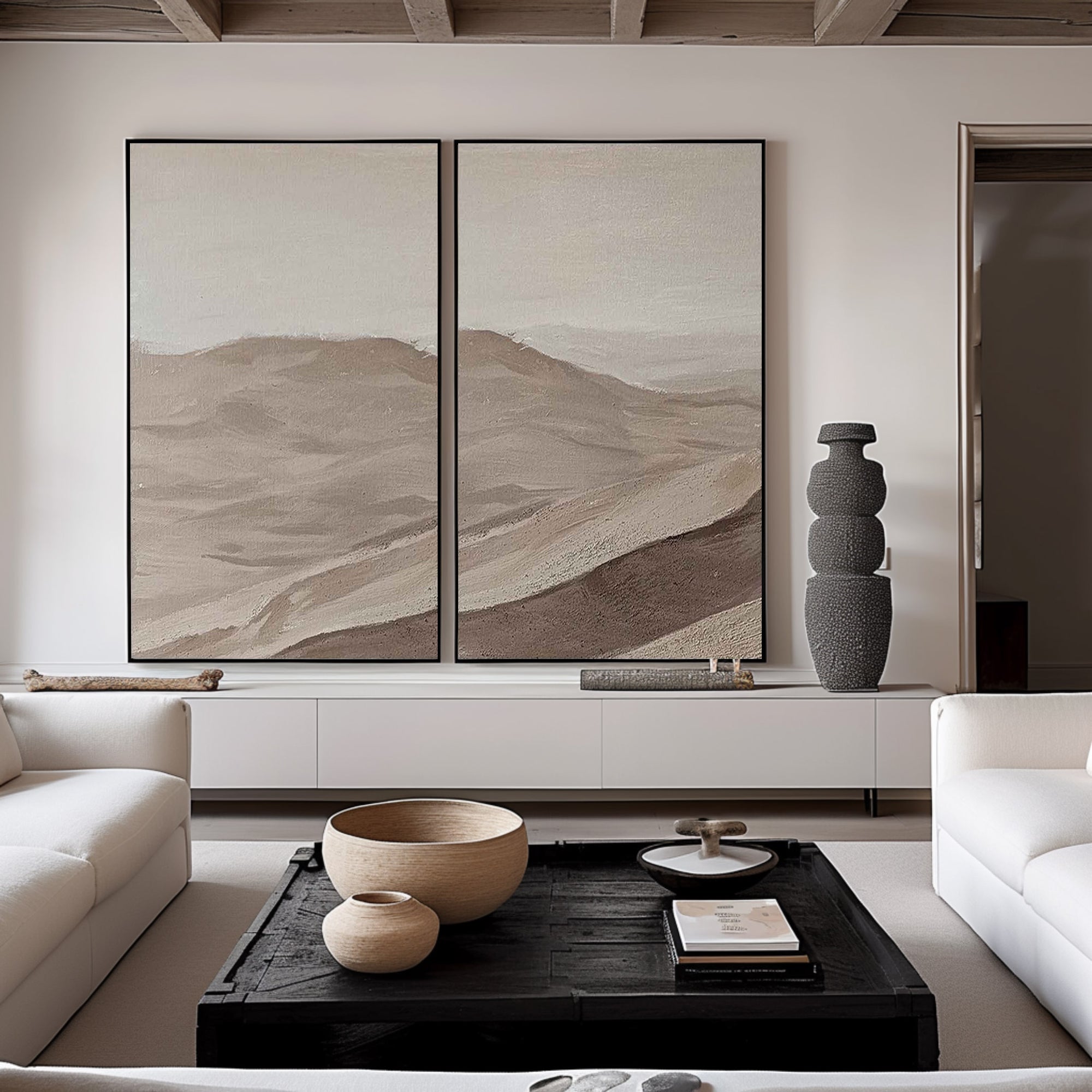 Neutral Tone Abstract Desert Landscape Diptych - Elegant Textured Wall ...