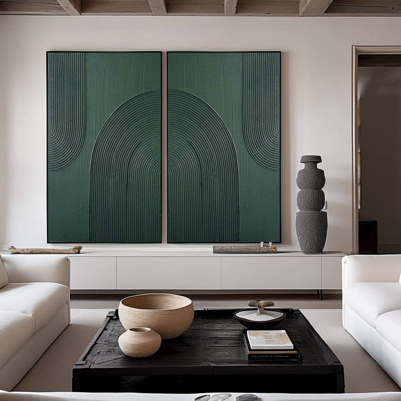 Sophisticated Green Textured Diptych - Modern Linear Wall Art #GMS 002
