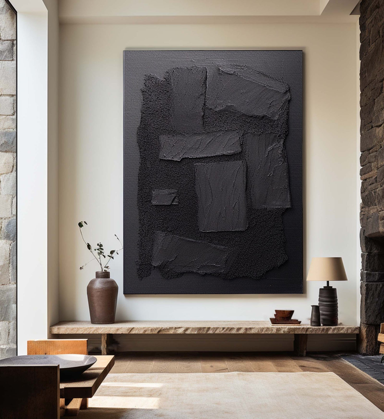 Modern Black Textured Canvas - Chic Monochrome Art For Home Decor #BM 025