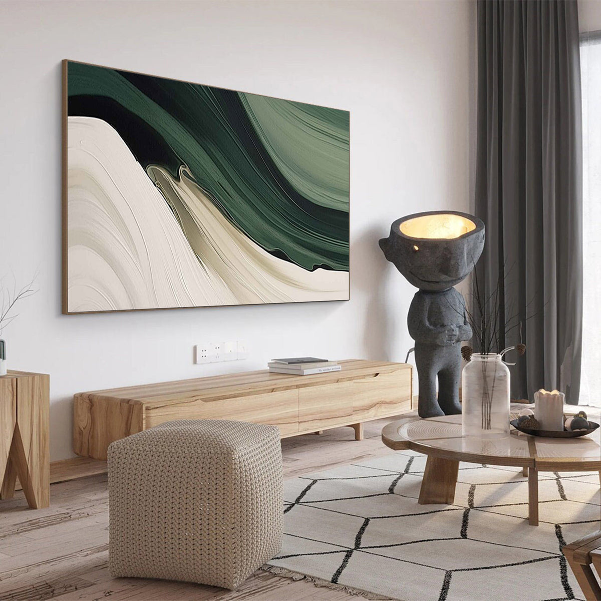 Abstract Green and Cream Wave Canvas Art - Fluid Nature-Inspired Decor ...