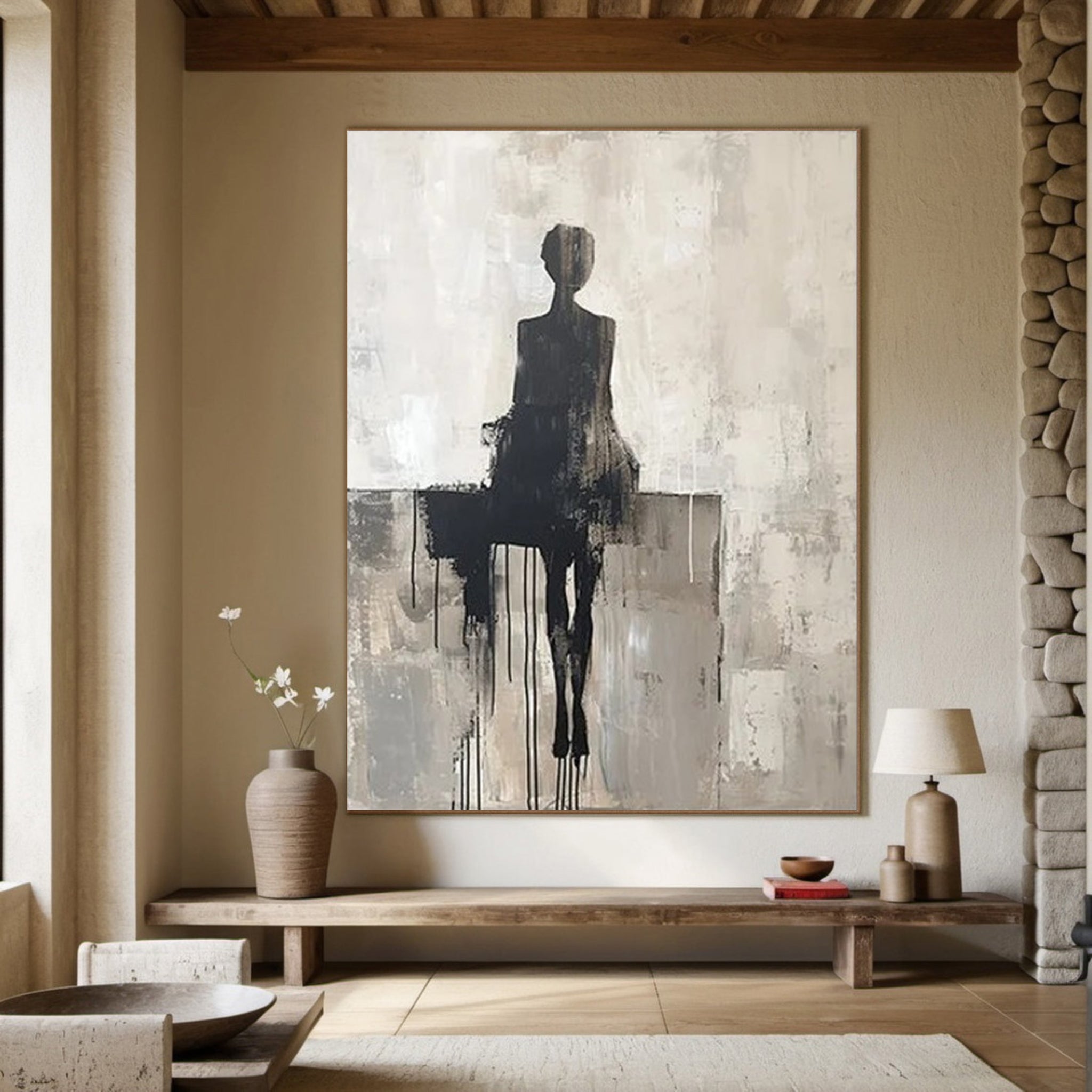 Abstract Figure Canvas, Textured Monochrome Wall Art #BGA 206