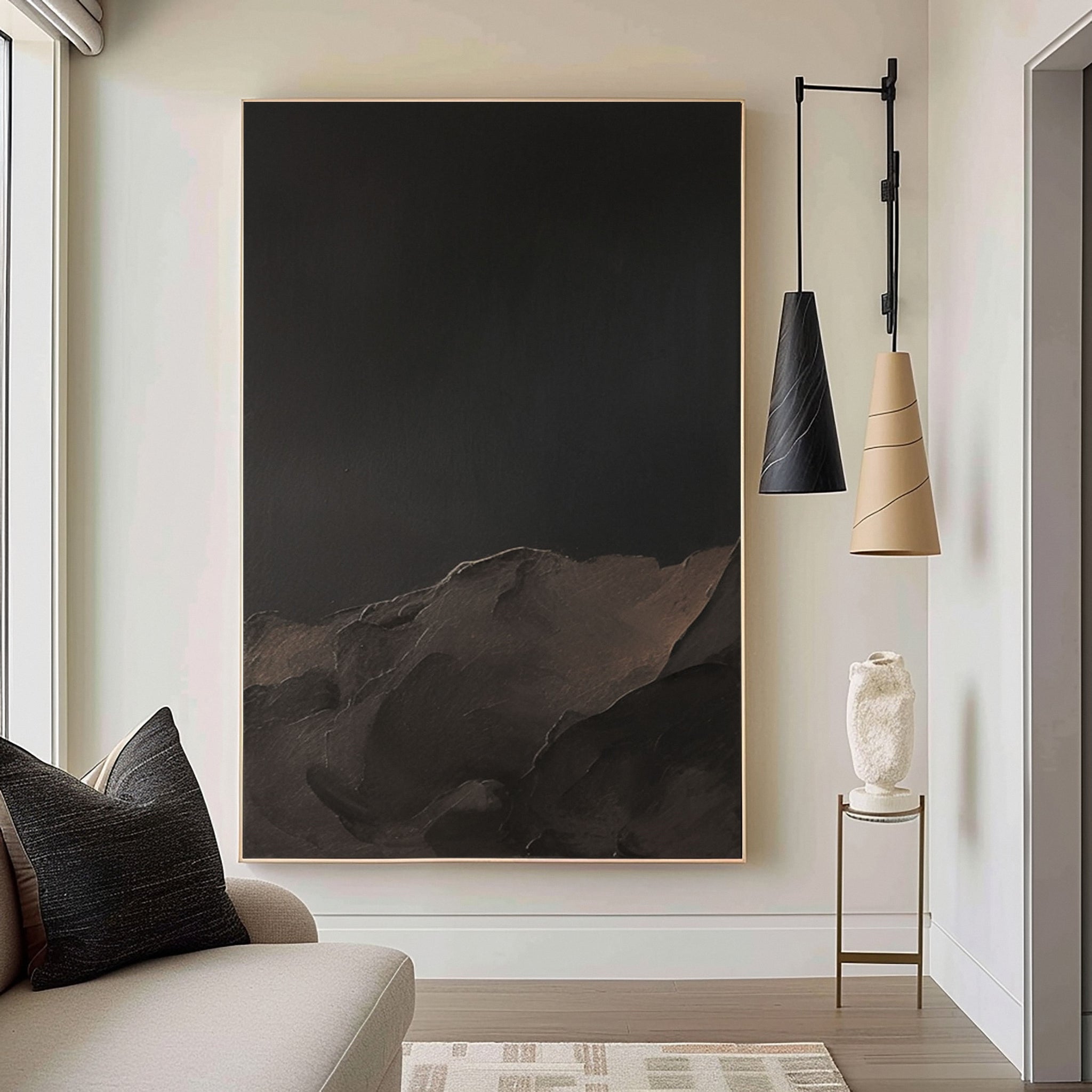Nocturne Ascent: Minimalist Dark Mountain Art, Textured Rise #BGA 225