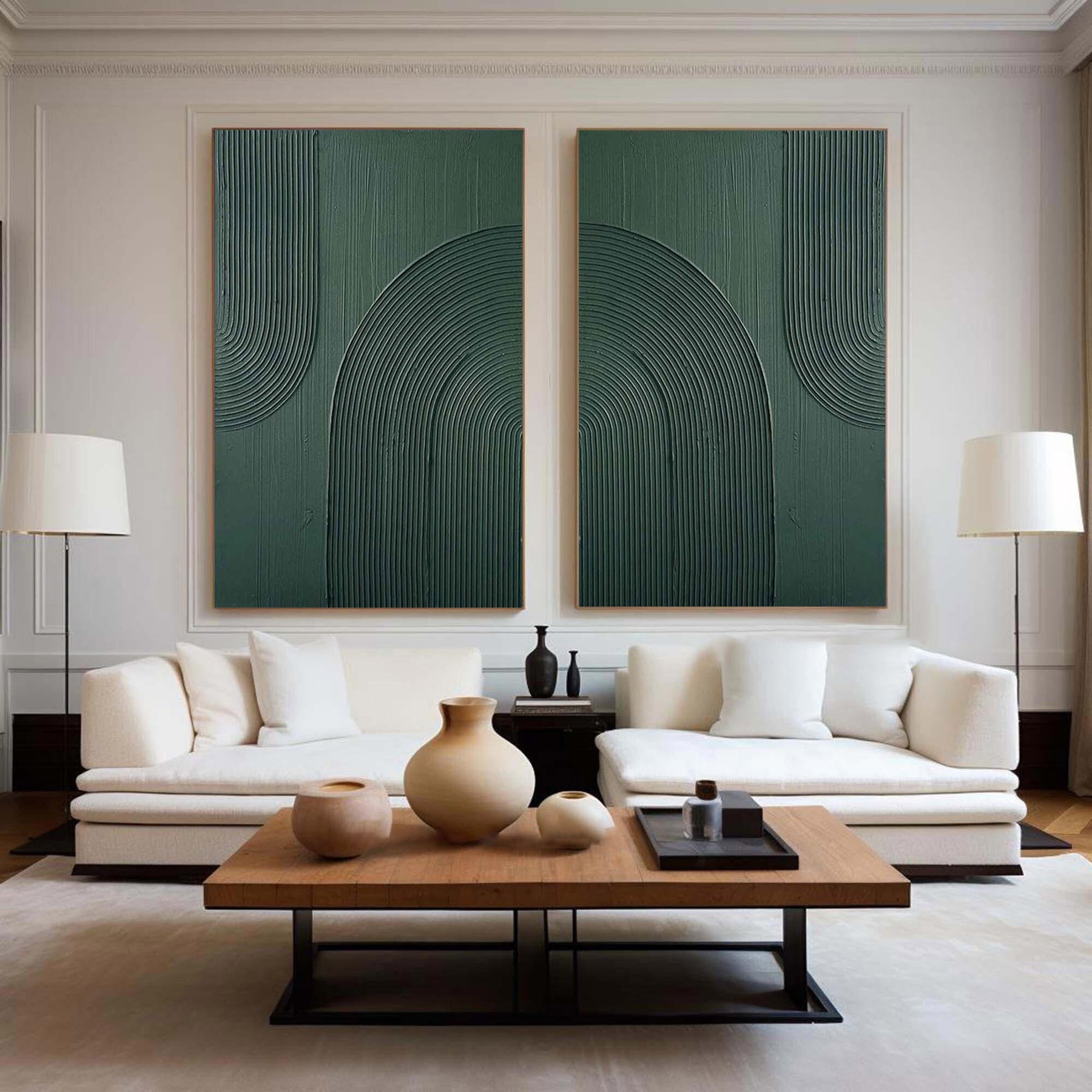 Sophisticated Green Textured Diptych - Modern Linear Wall Art #GMS 002