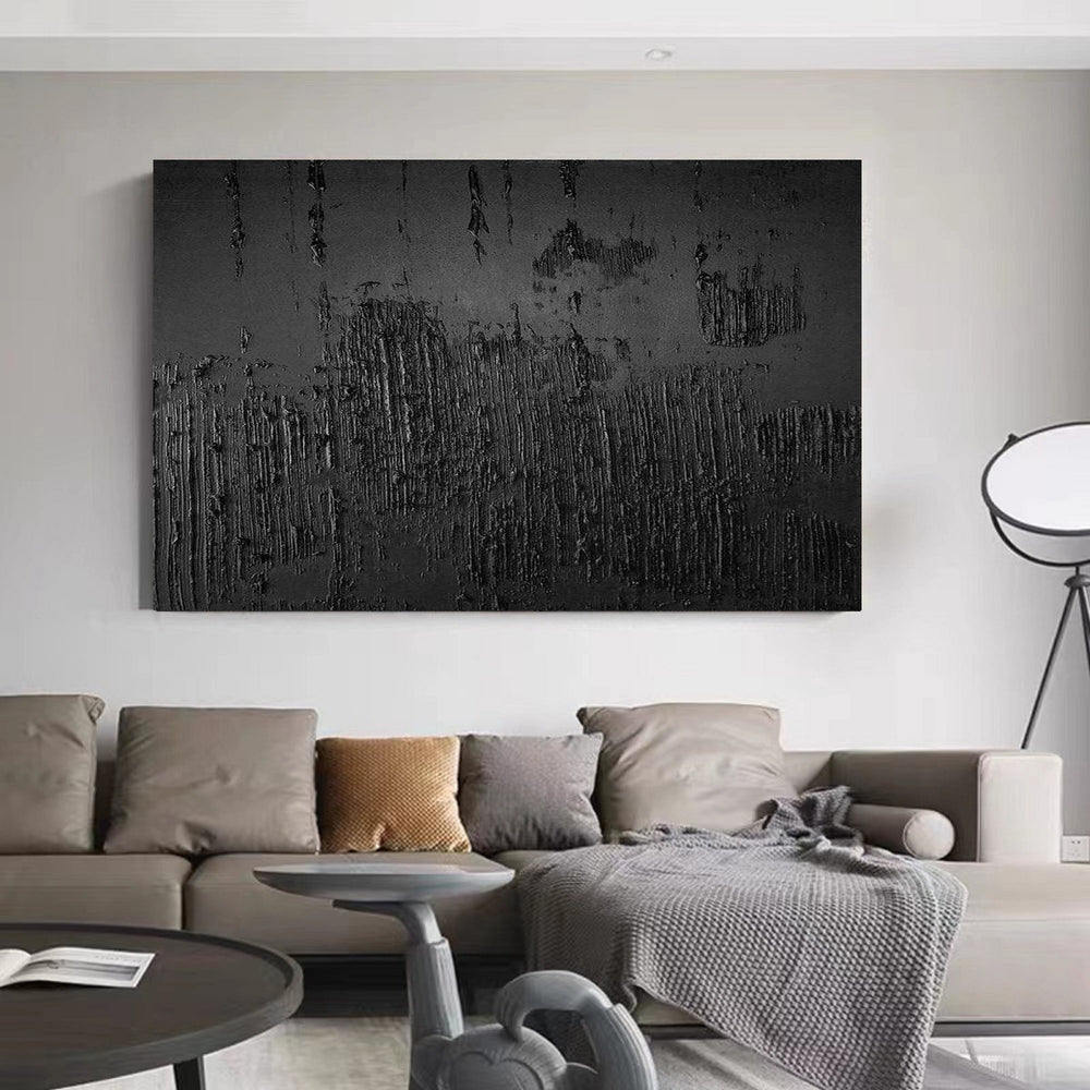 Monochrome Elegance: Textured Black Abstract Canvas Art #BM 044