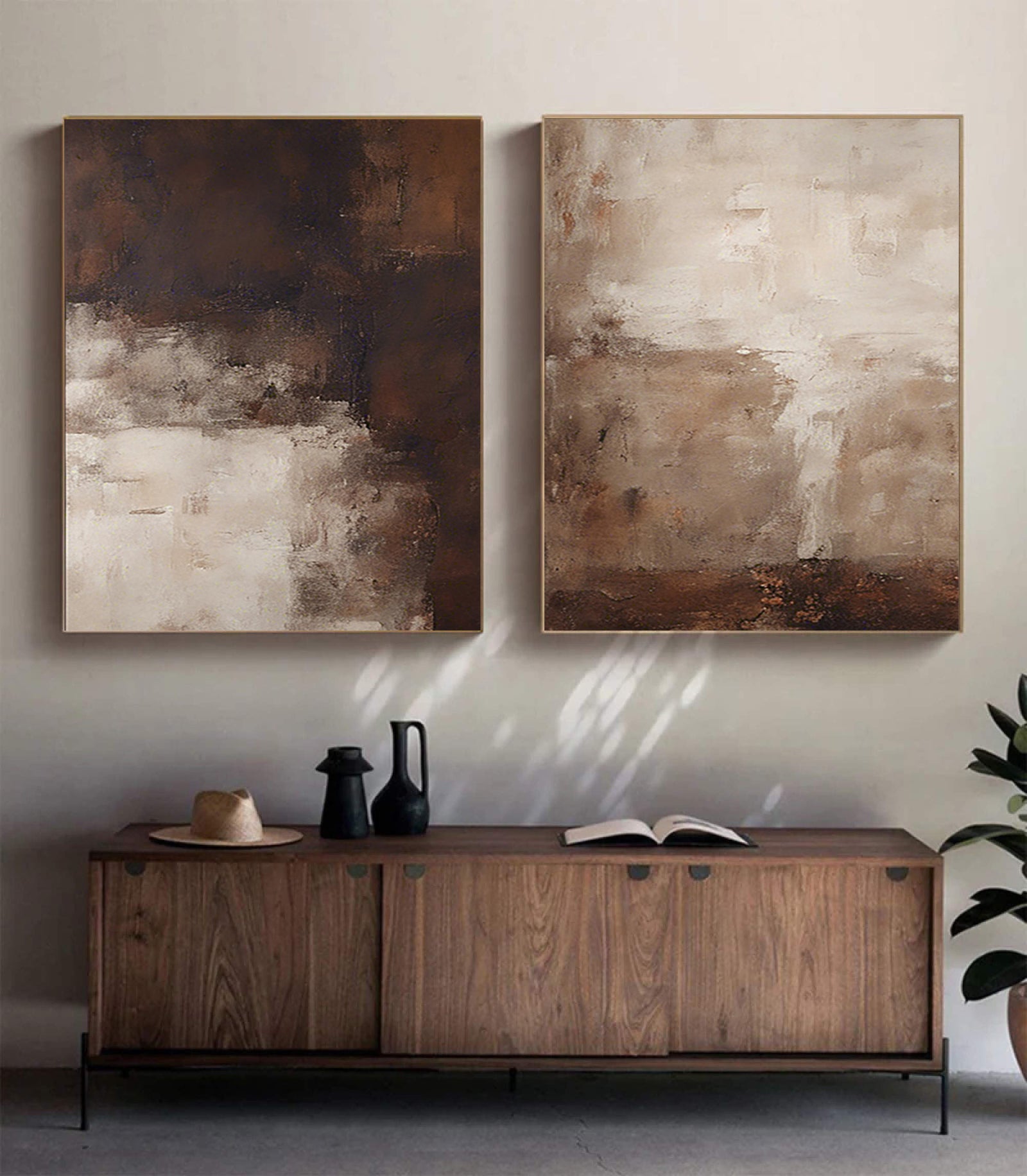 Rustic Earth Tones Abstract Diptych - Luxurious Textured Wall Art #BBS 003