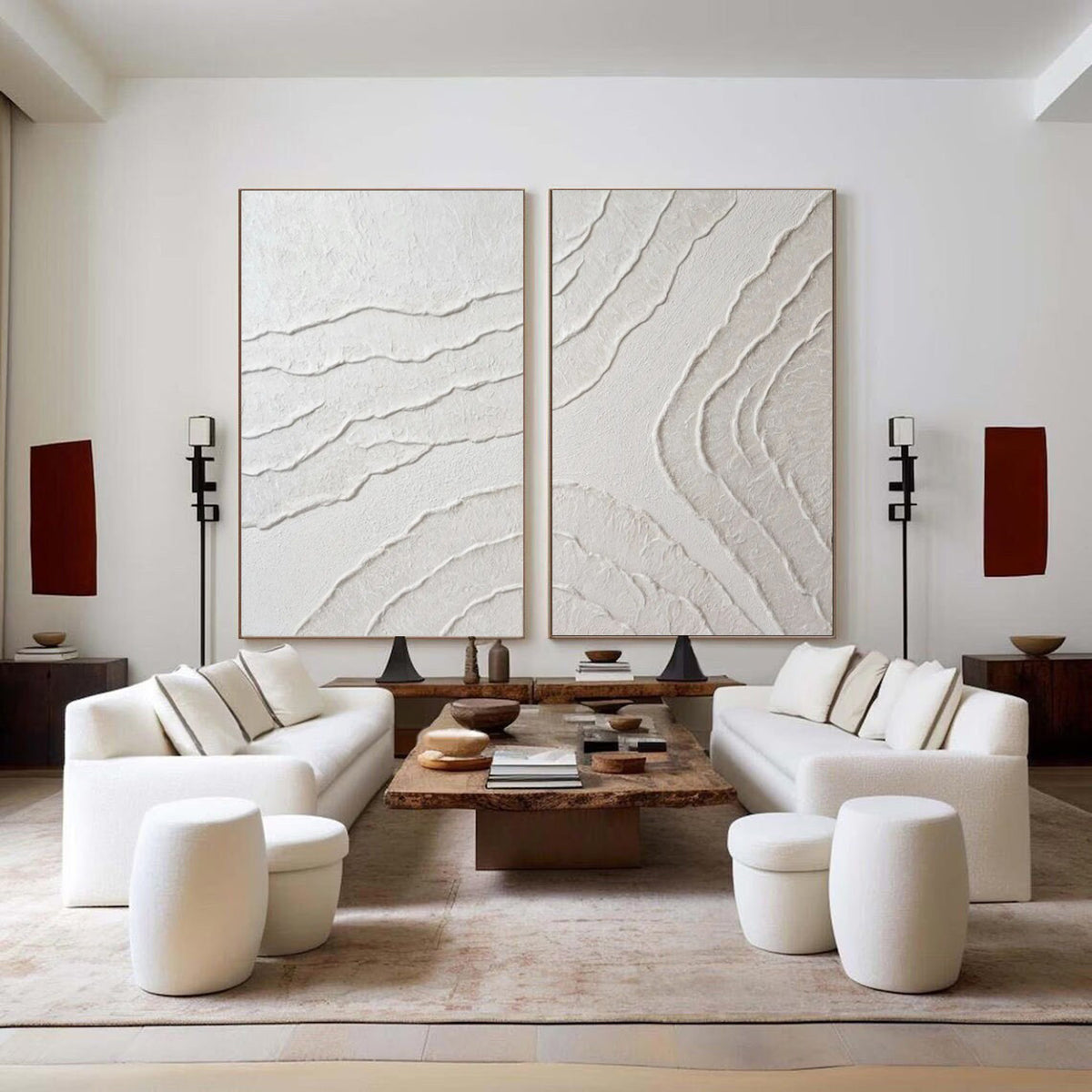 Elegant Dual-Panel Textured White Abstract Art: Modern Simplicity for ...