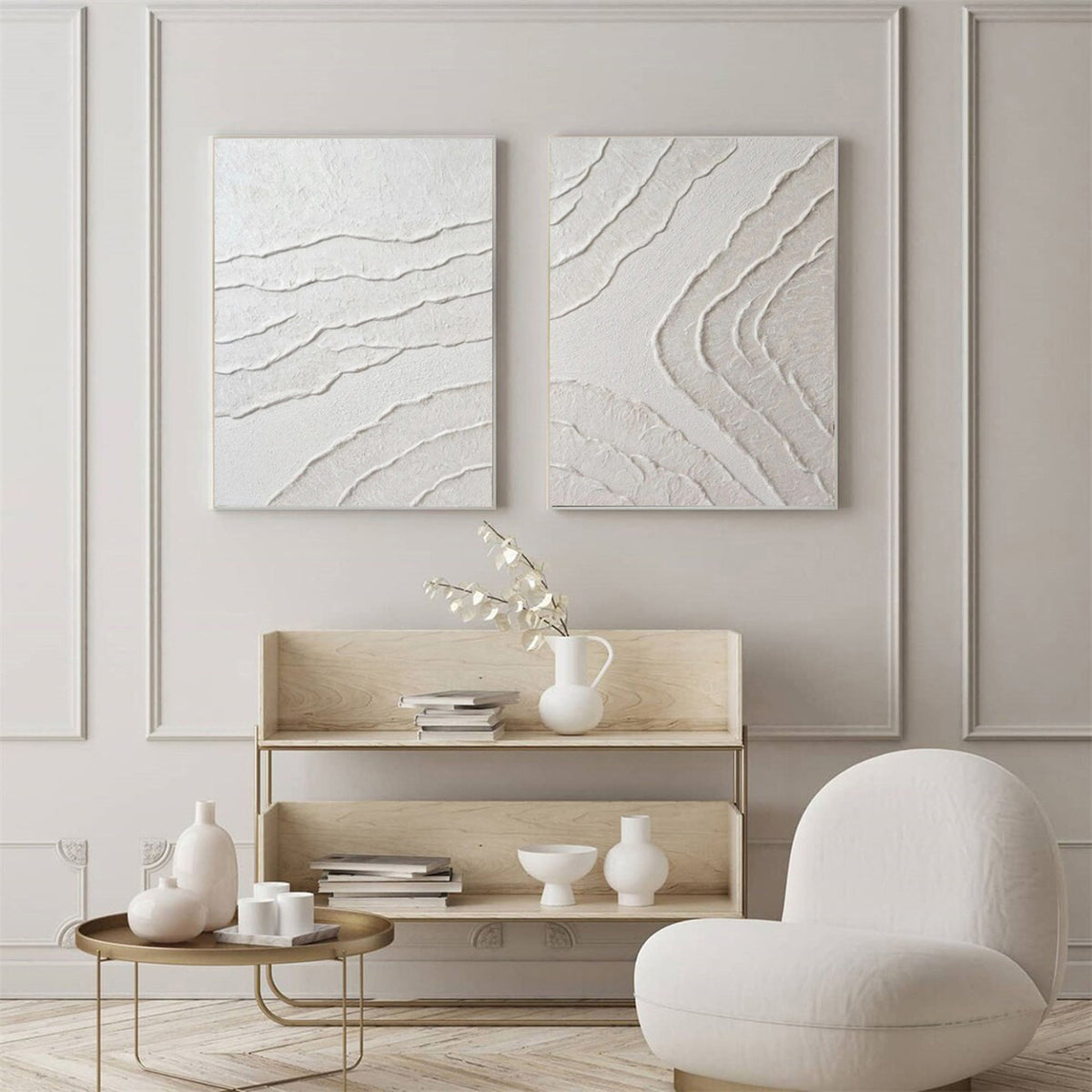 Elegant Dual-Panel Textured White Abstract Art: Modern Simplicity for ...