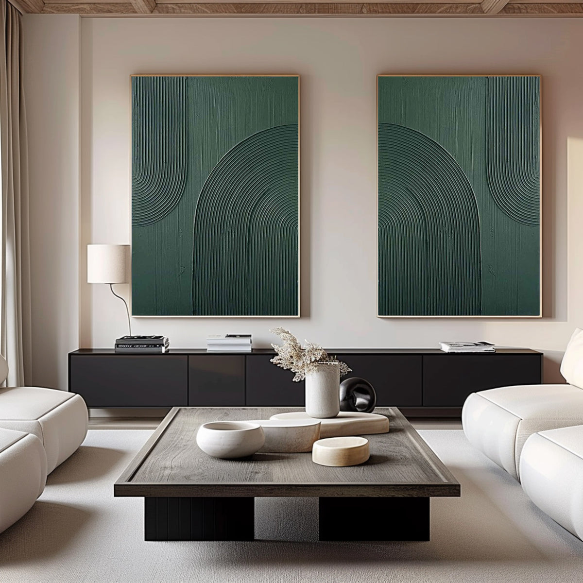 Sophisticated Green Textured Diptych - Modern Linear Wall Art #GMS 002