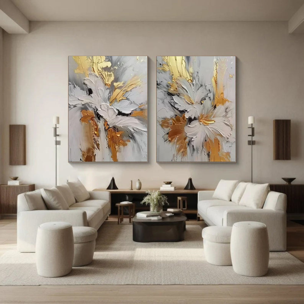 Gilded Bloom: Set of Two 3D Floral Art, Gold Accent Texture #BGA 214