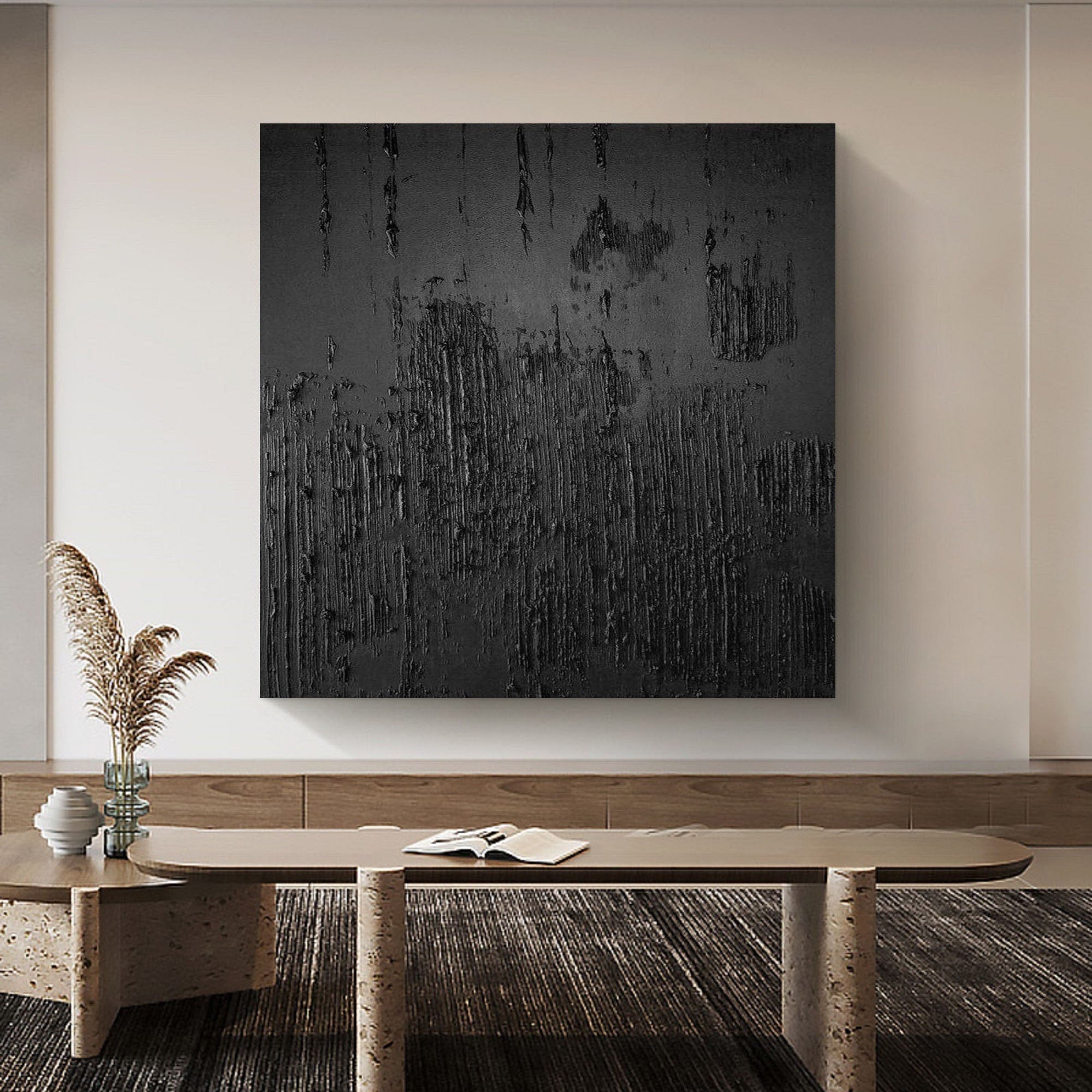Contemporary Black Textured Canvas Art - Modern Abstract Wall Decor #BM 043