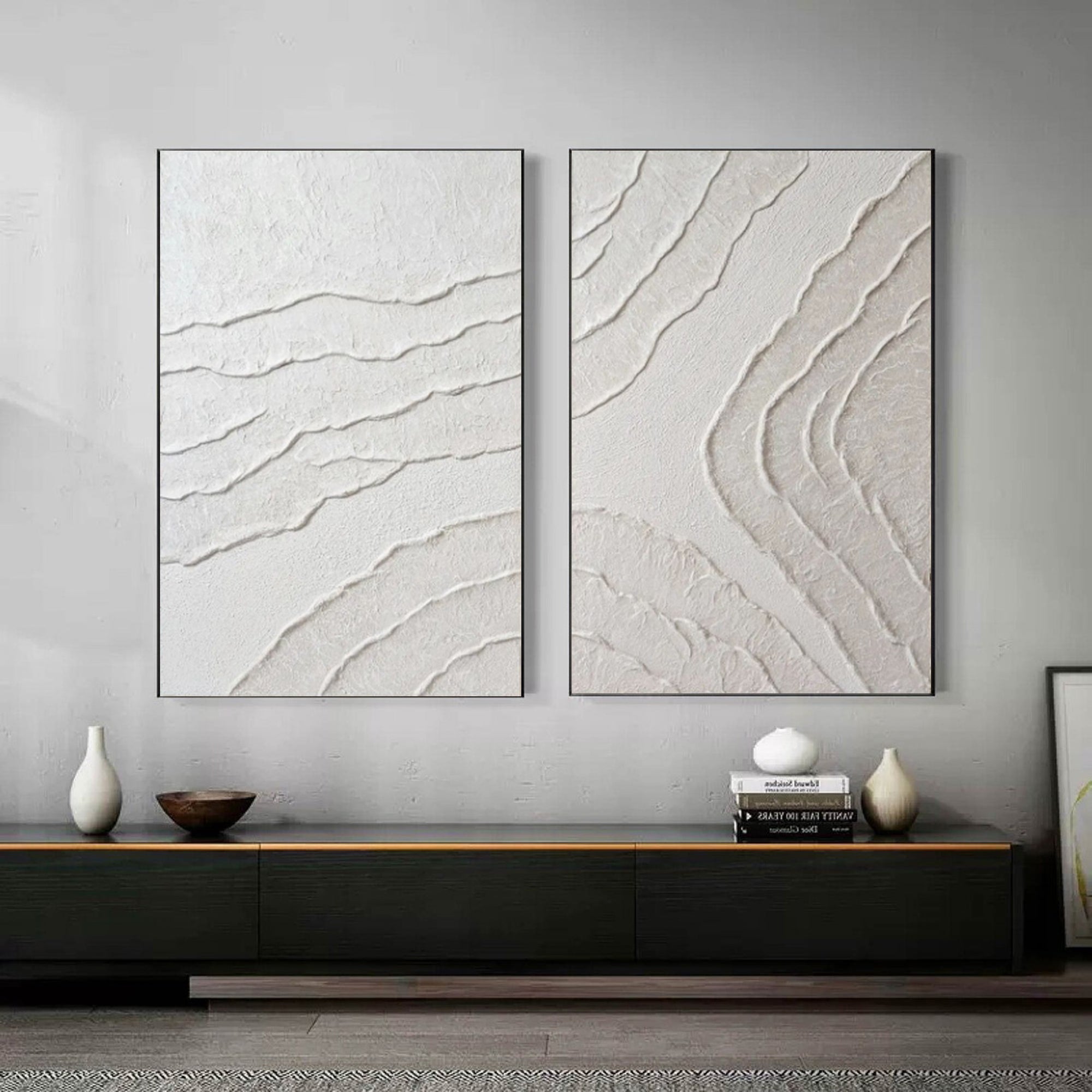 Elegant Dual-Panel Textured White Abstract Art: Modern Simplicity for ...