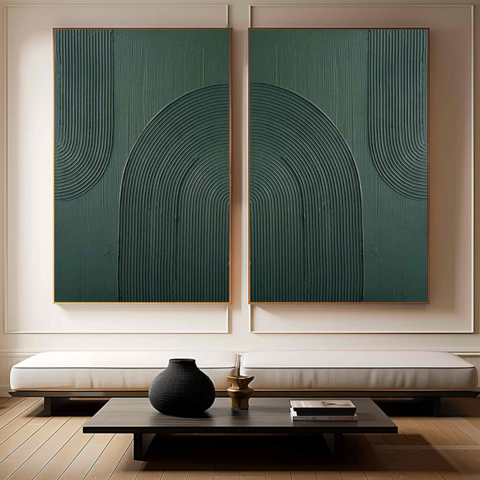Sophisticated Green Textured Diptych - Modern Linear Wall Art #GMS 002