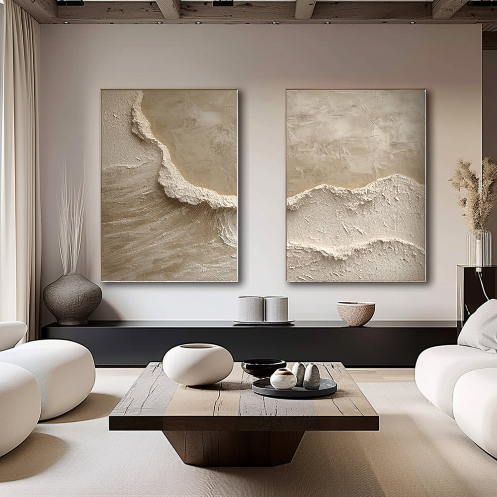 Earthy Textured Abstract Diptych - Natural Sand Toned Wall Art #BBS 004