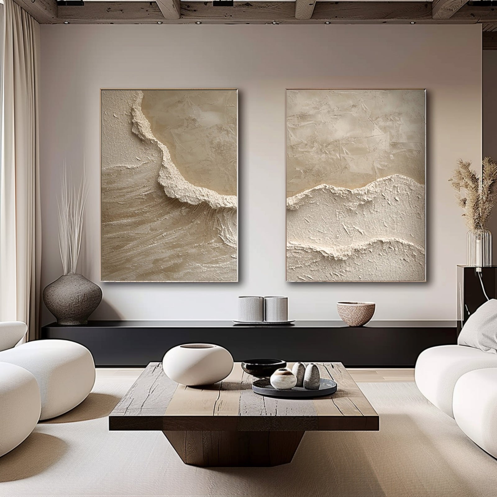 Earthy Textured Abstract Diptych - Natural Sand Toned Wall Art #BBS 004