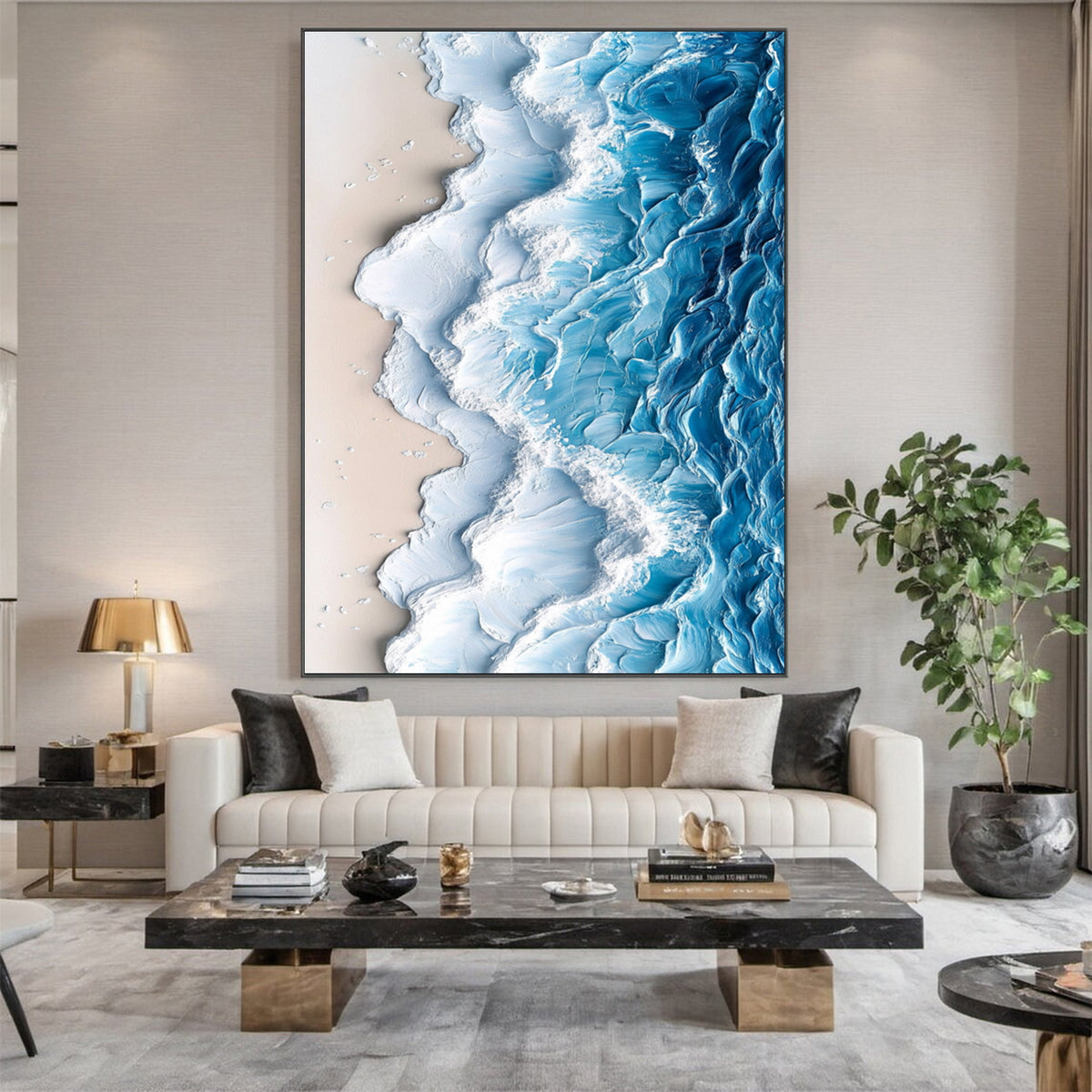 Large Textured Ocean Wave Artwork for Sophisticated Interior Design #O