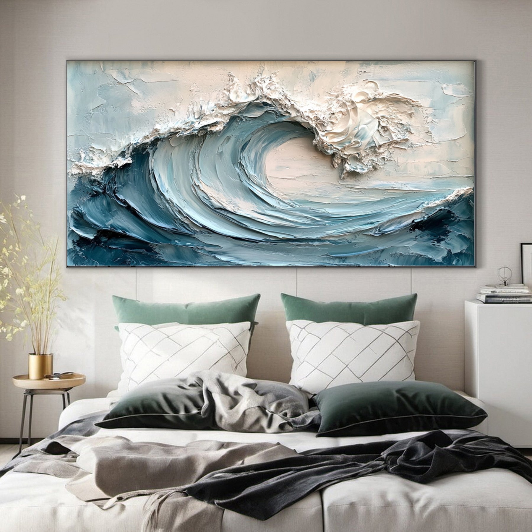 Coastal Serenity Textured Ocean Waves Oil Painting for Living Room #OP