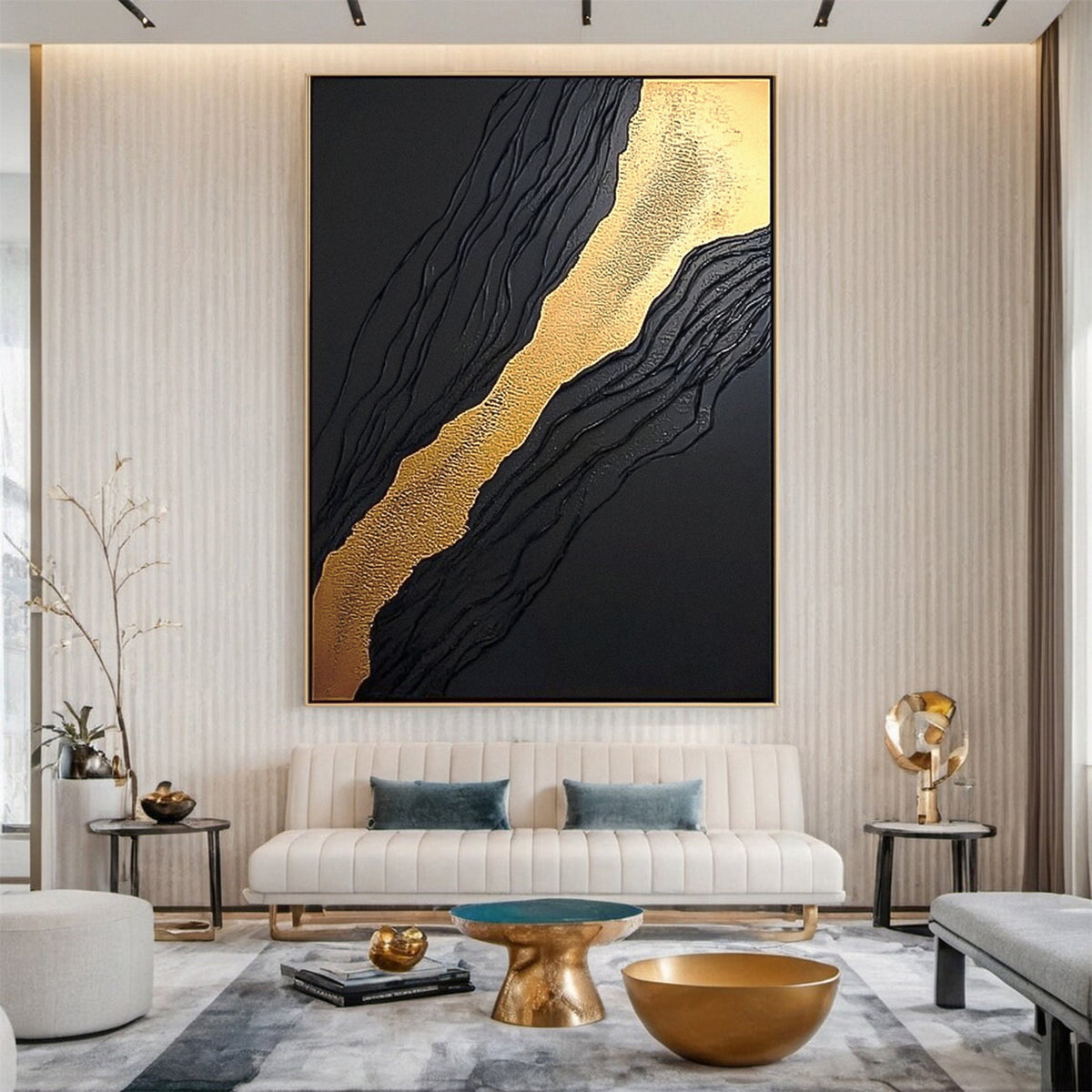 Luxury Textured Wall Art in Black and Gold for Upscale Interior Design