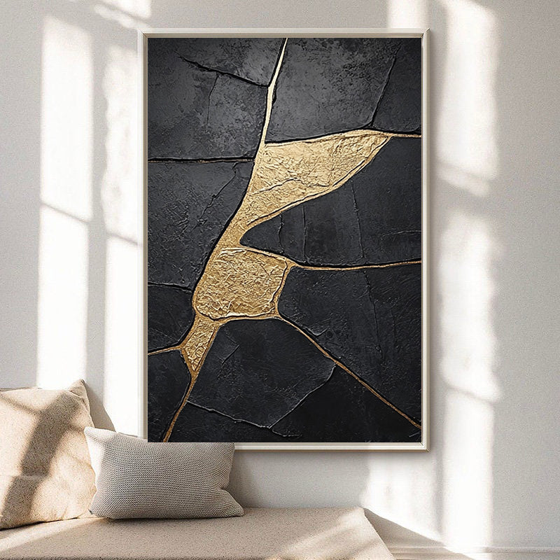 Large Black Abstract with Gold Repair Lines for Modern Home #BGA 272