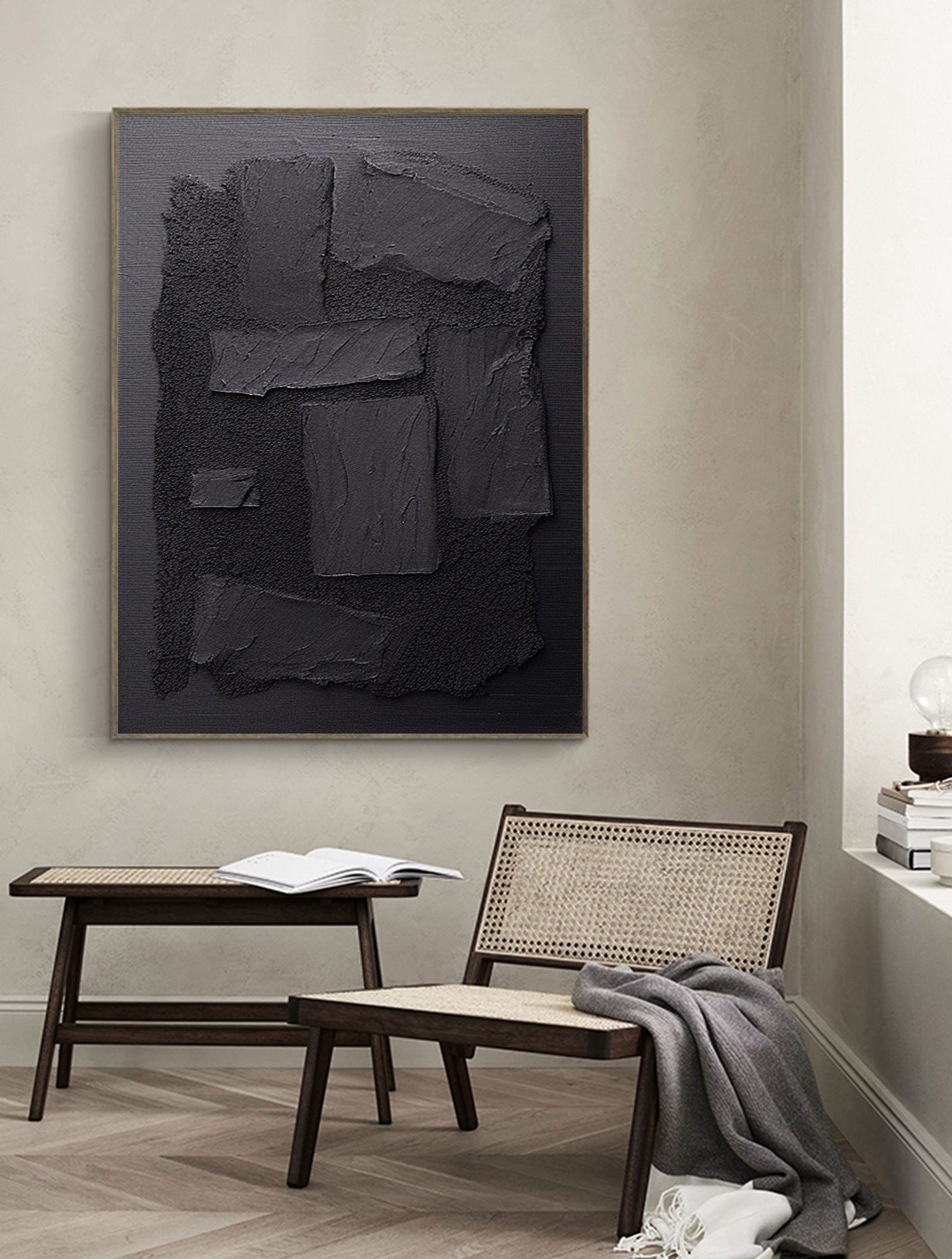 Modern Black Textured Canvas - Chic Monochrome Art For Home Decor #BM 025