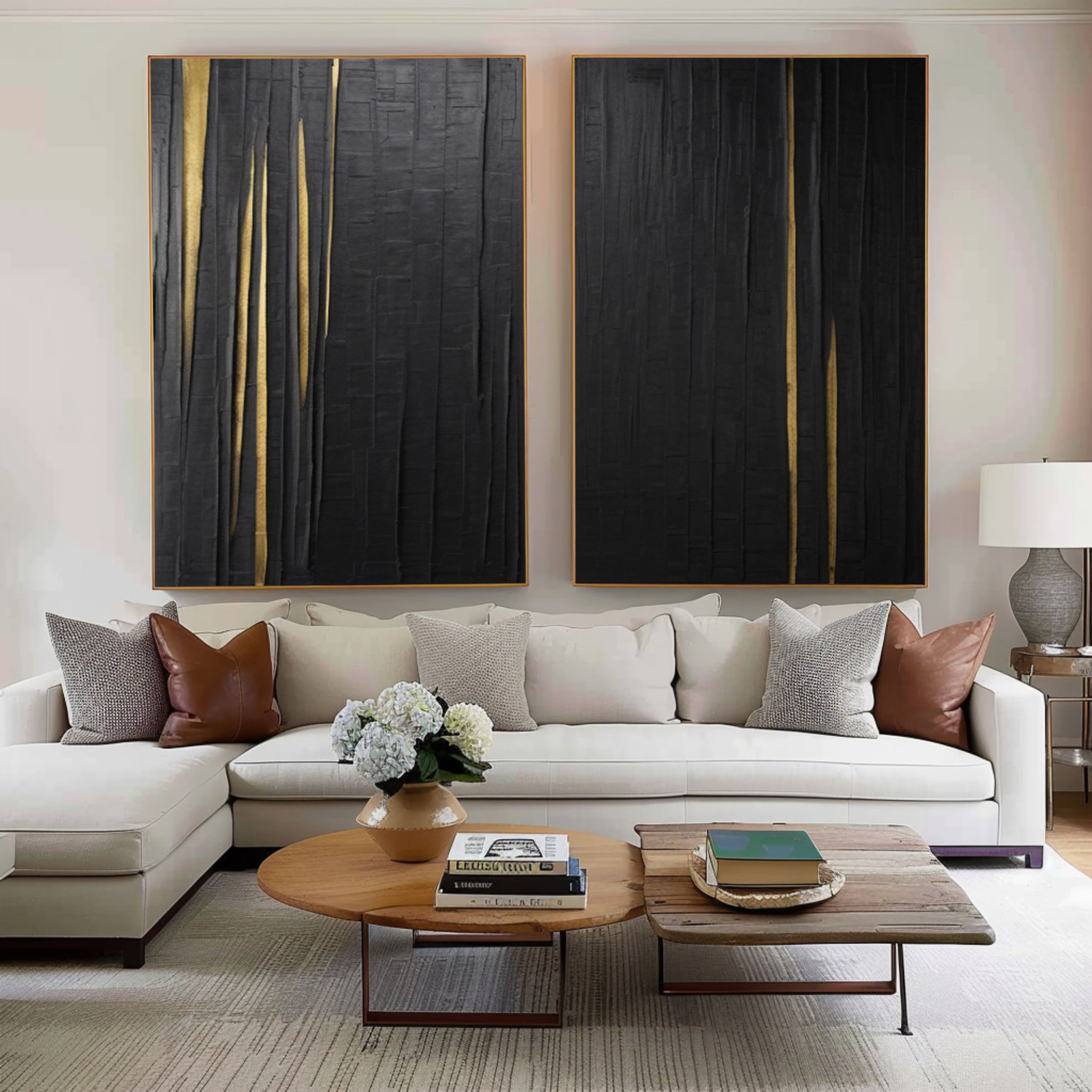 Textured Black Abstract Art Diptych with Vertical Gold Inlays #BGA 291
